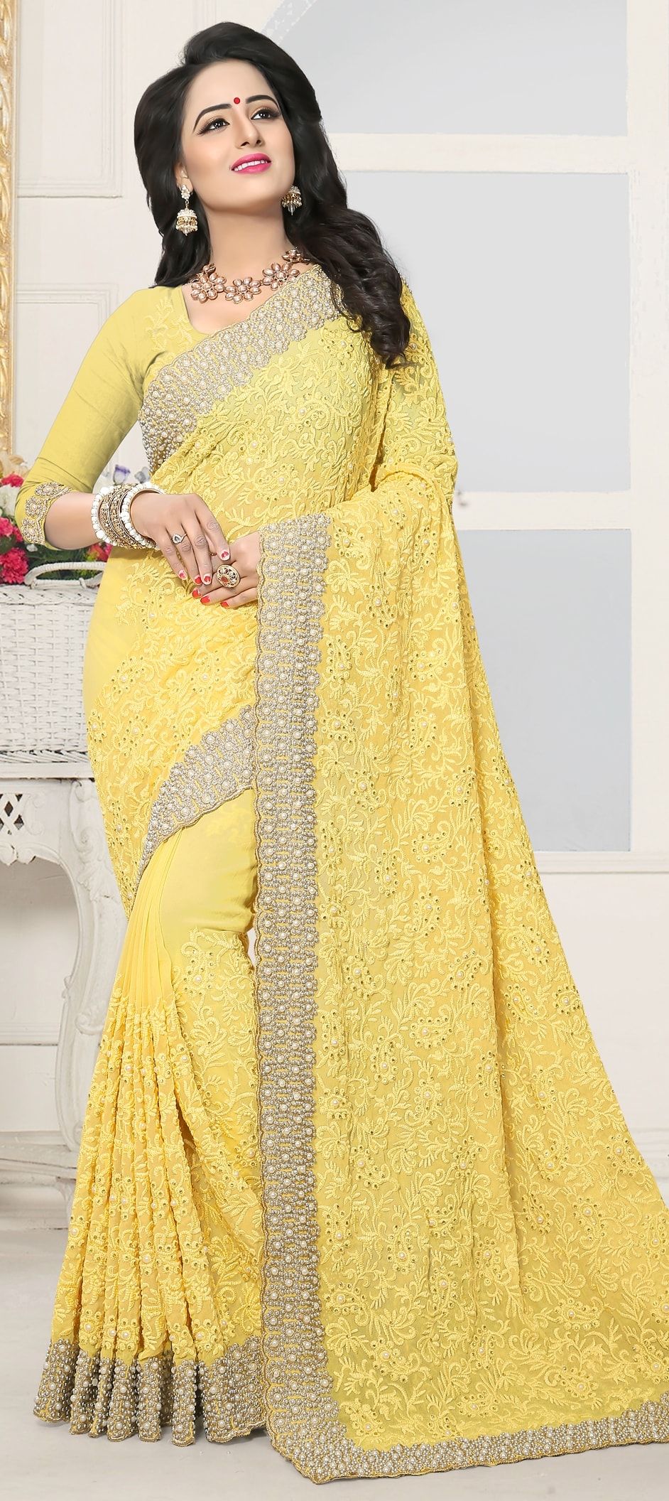 770458: Yellow color family Embroidered Sarees, Party Wear Sarees with ...