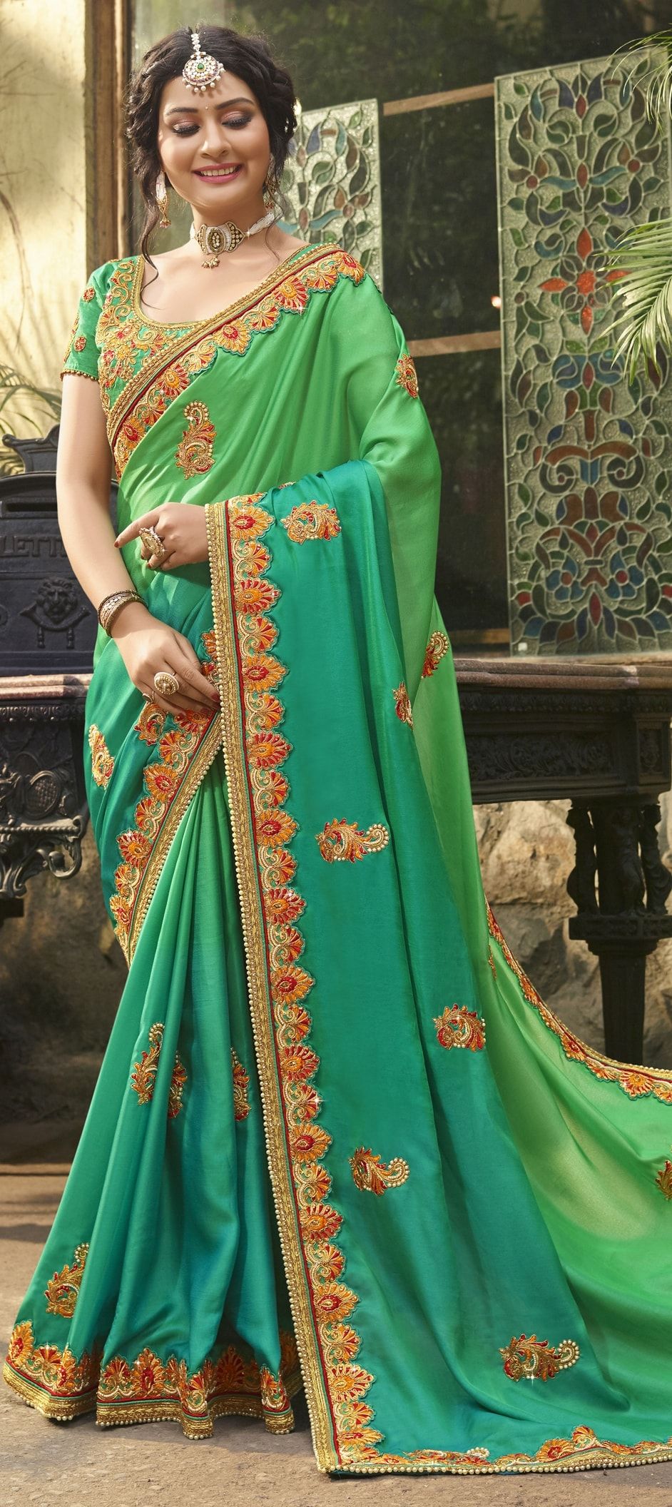 772529: Traditional Green color Raw Silk, Silk fabric Saree