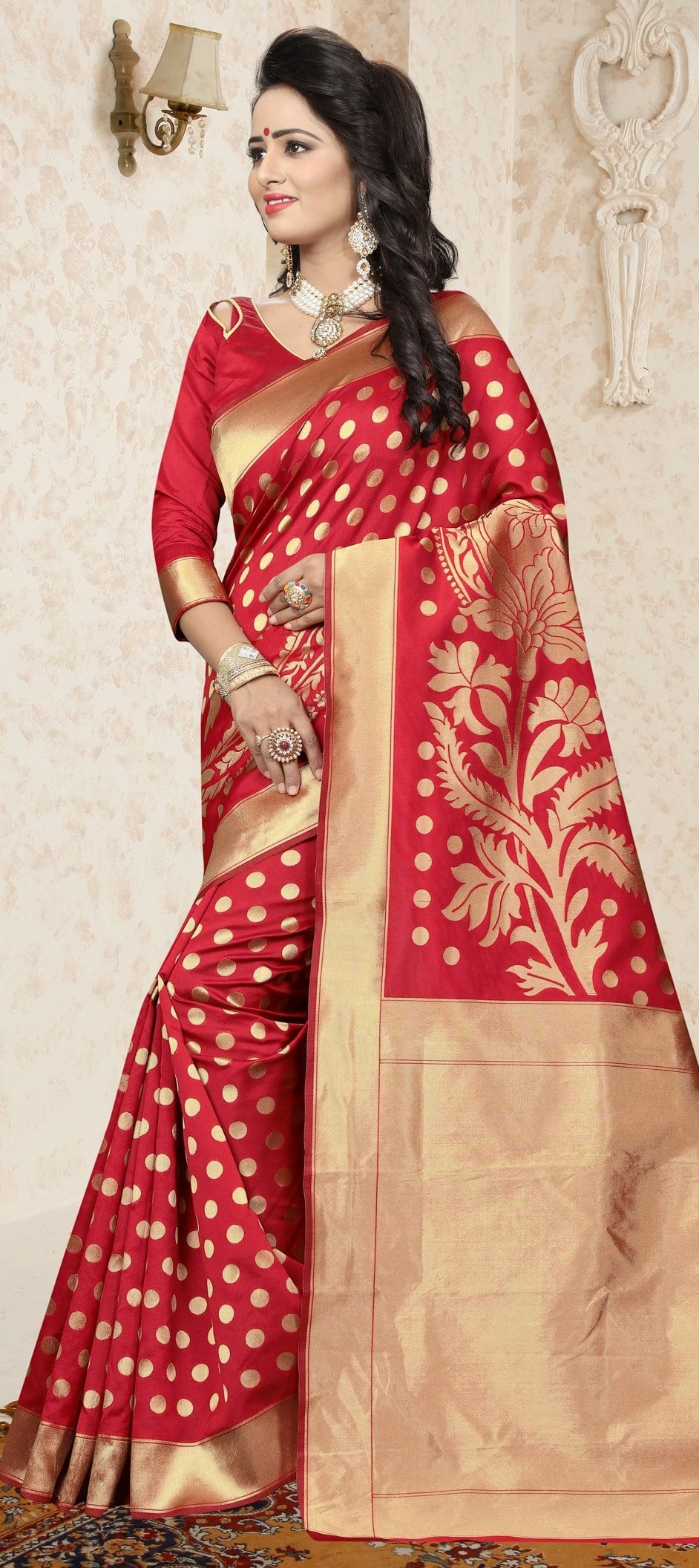 776238: Red and Maroon color family Silk Sarees with matching ...