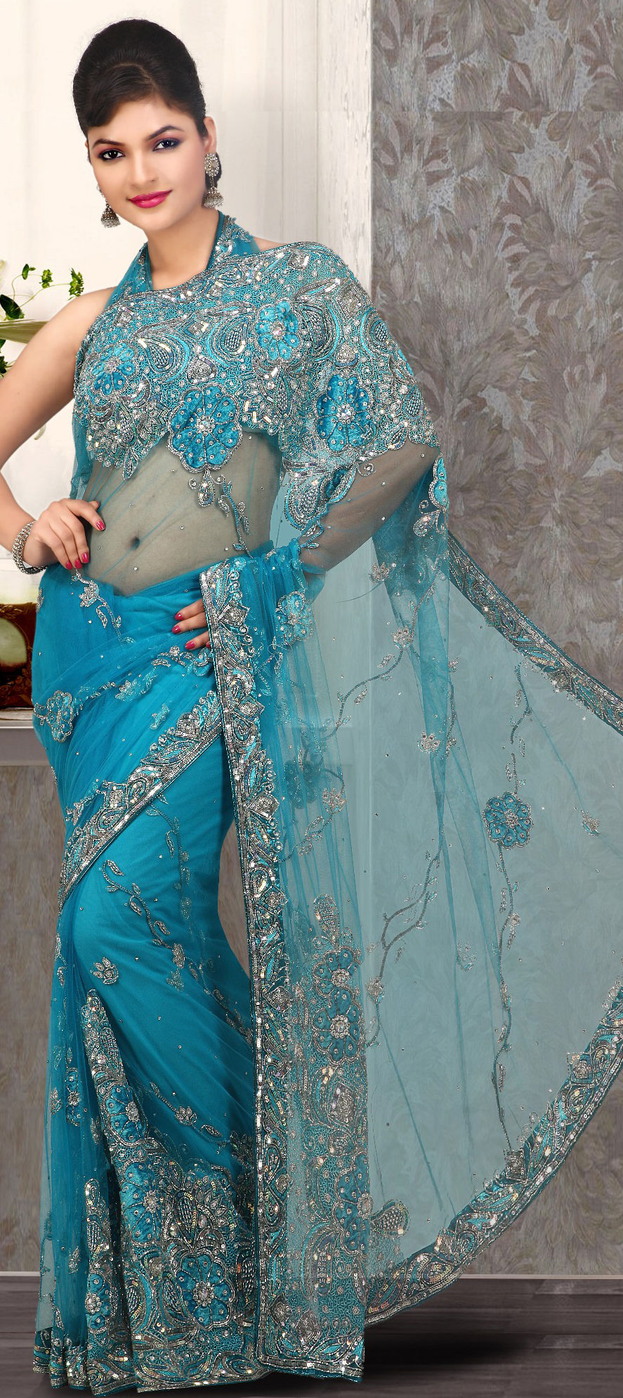 Bridal, Party Wear Blue color Net fabric Saree : 79002