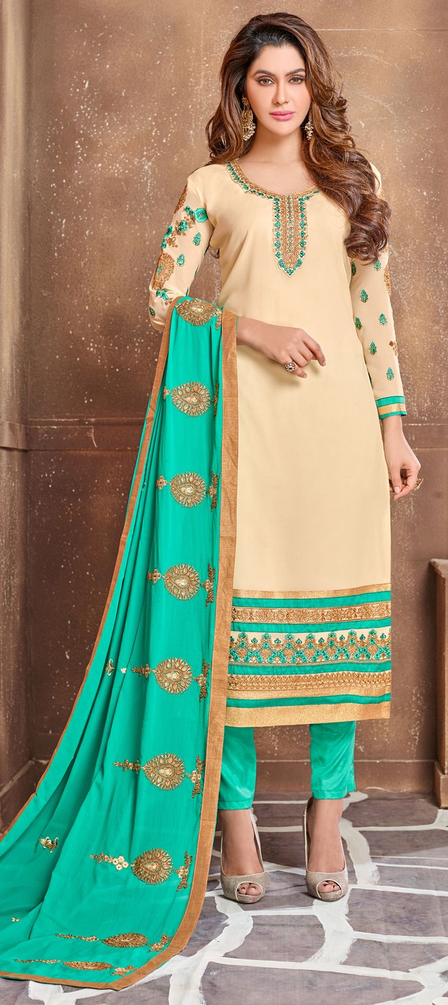 900201: Beige and Brown color family stitched Party Wear Salwar Kameez