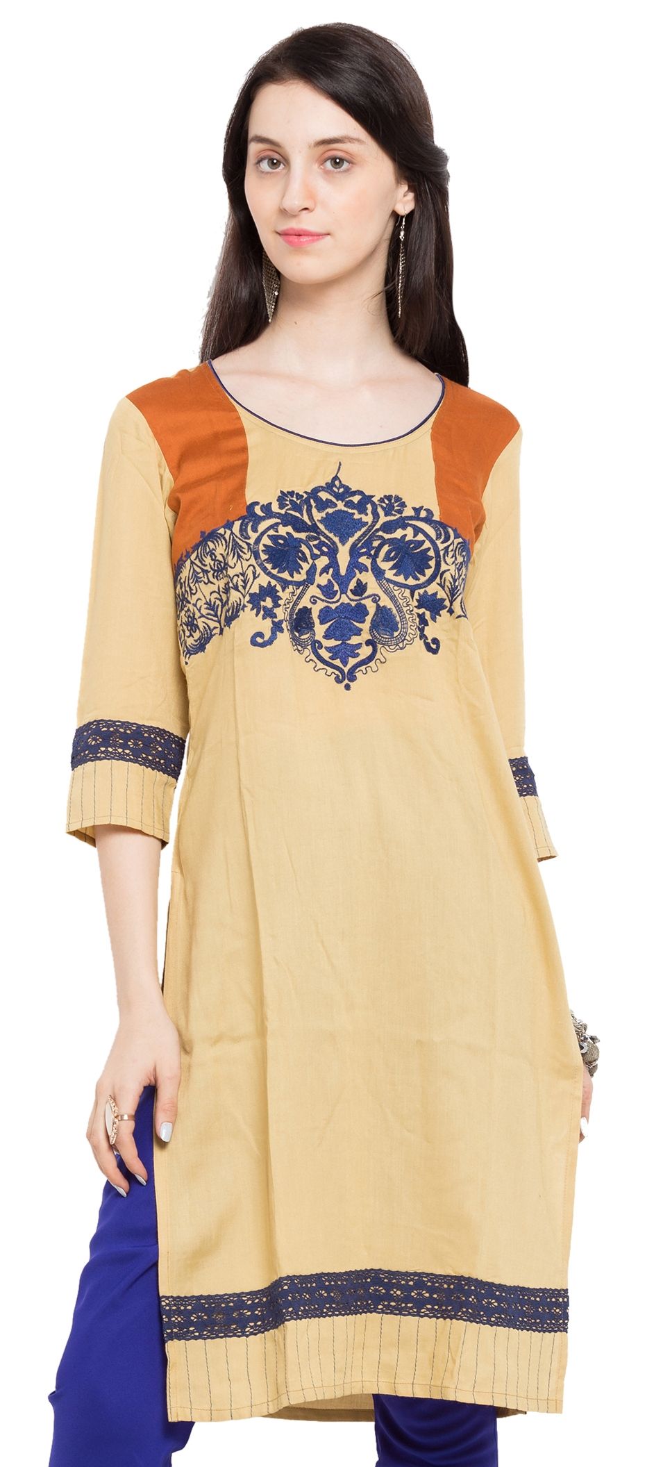 903561: Beige and Brown color family stitched Cotton Kurtis