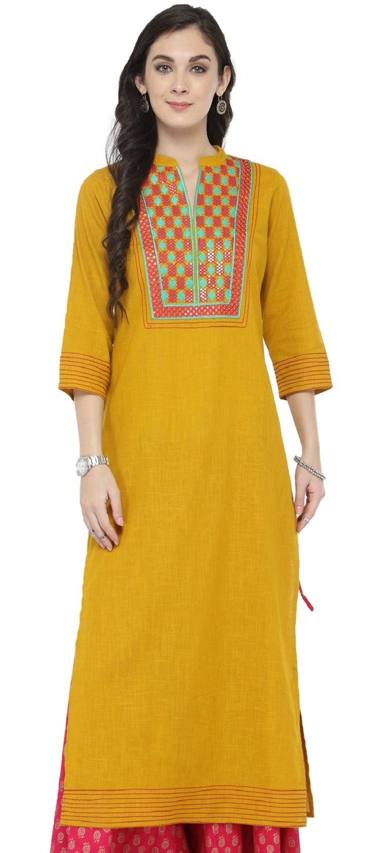 905197: Yellow color family stitched Long Kurtis
