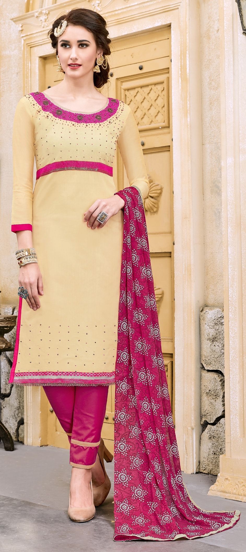 905802: Beige and Brown color family unstitched Bollywood Salwar Kameez