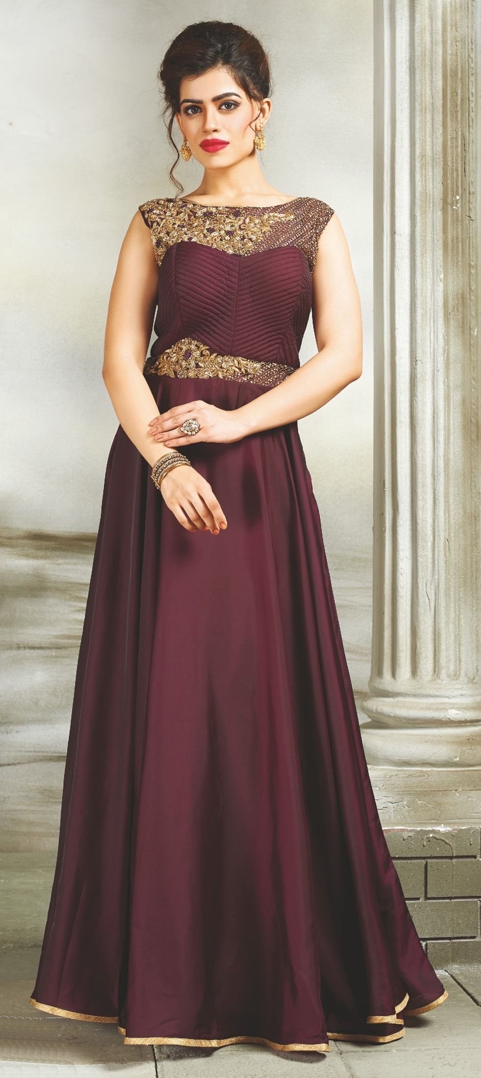 905818: Red and Maroon color family stitched gown