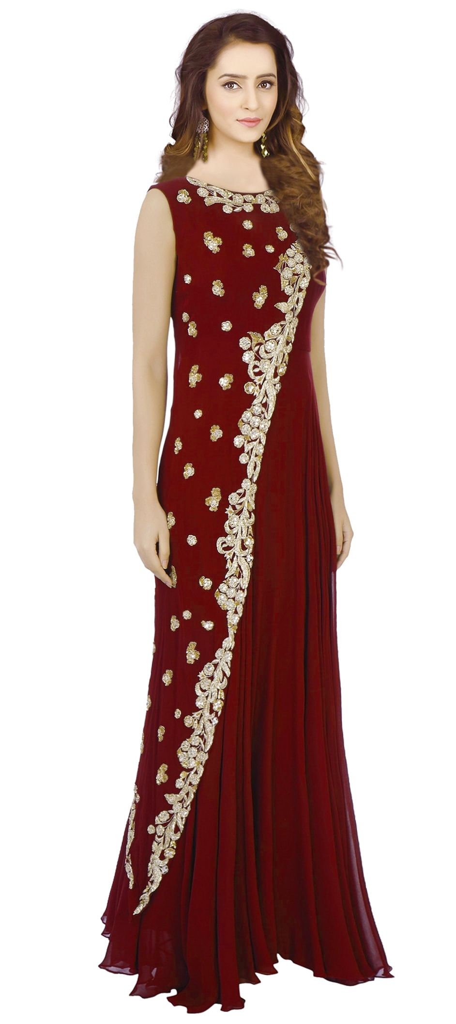 905914: Red and Maroon color family stitched gown
