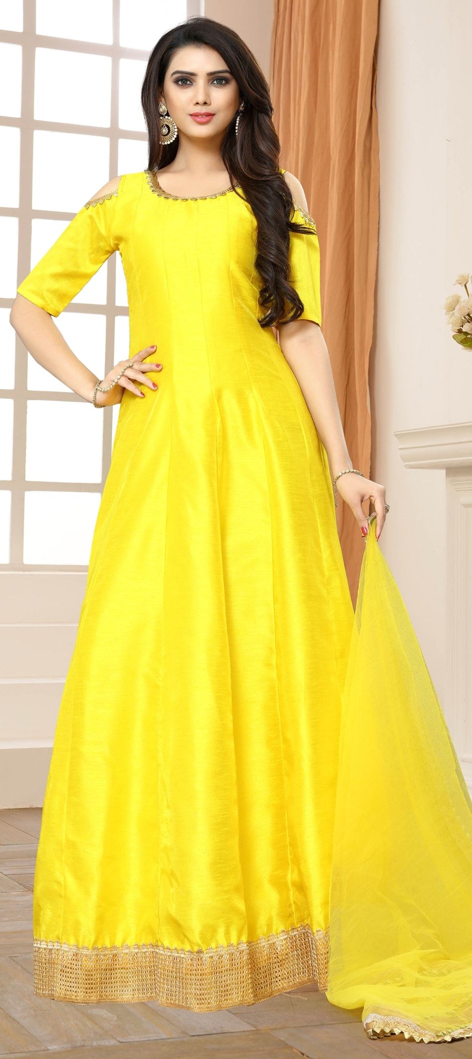 Casual Yellow color Bangalore Silk fabric Salwar Kameez : 907056