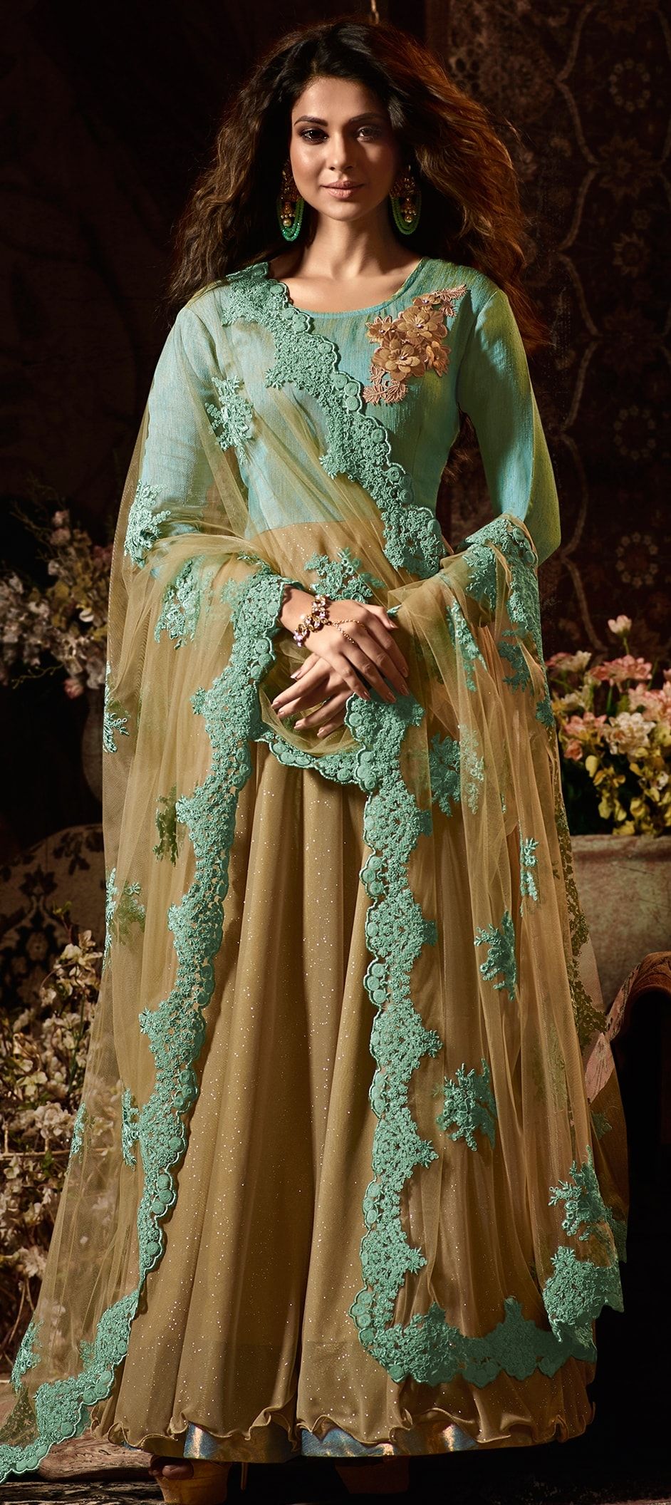 908342: Beige and Brown, Blue color family semi-stiched Bollywood ...
