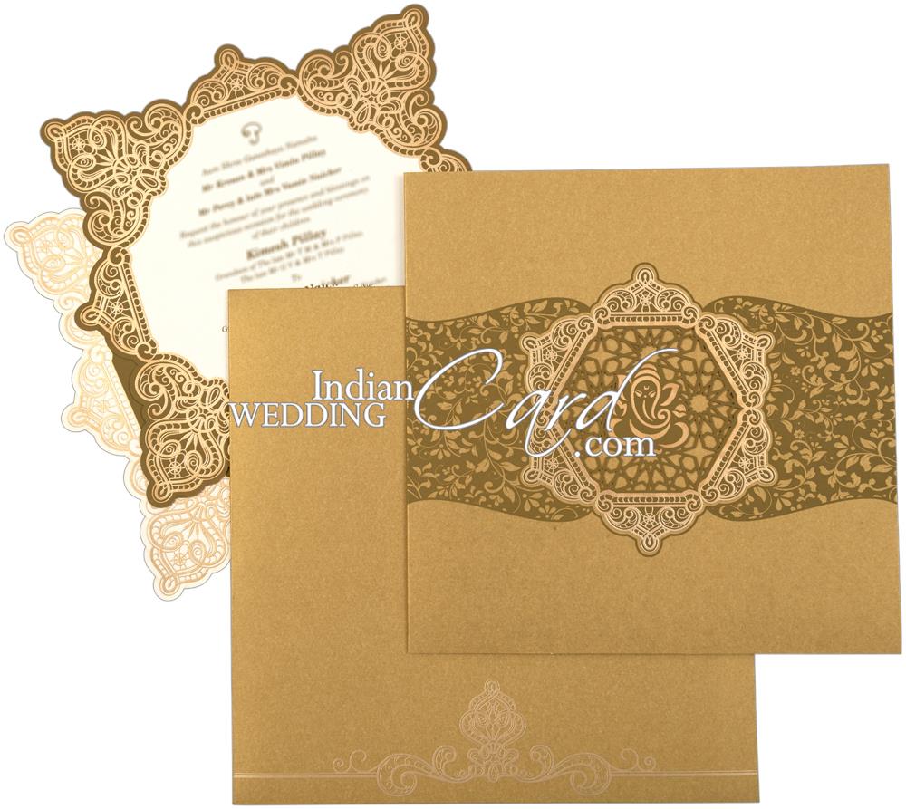 D-10200, Gold Color, Shimmery Finish Paper, Laser Cut Cards, Hindu Cards.
