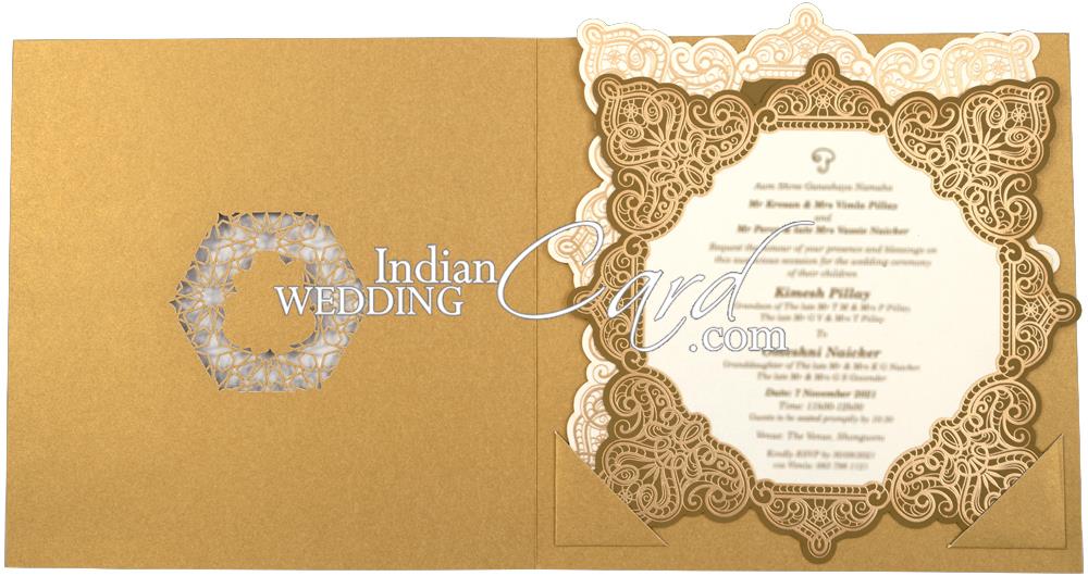 D-10200, Gold Color, Shimmery Finish Paper, Laser Cut Cards, Hindu Cards.