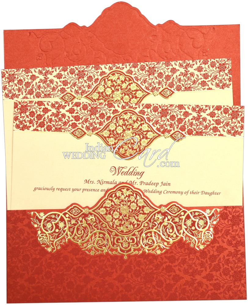 D-10485, Red Color, Shimmery Finish Paper, Hindu Cards.