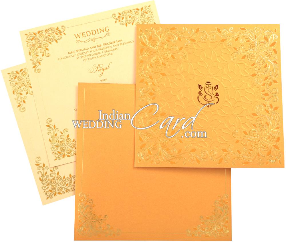 D-10744, Orange Color, Shimmery Finish Paper, Hindu Cards.