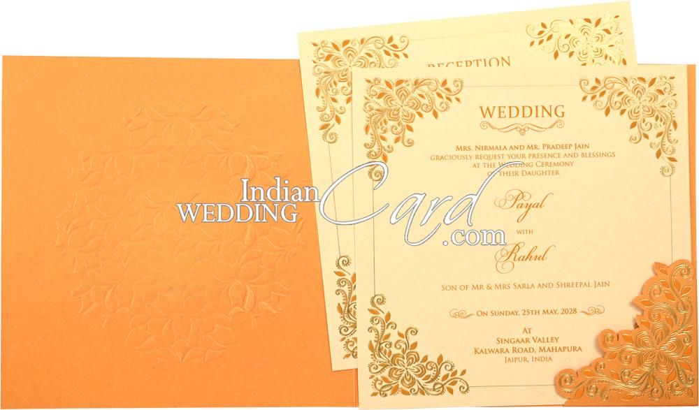 D-10744, Orange Color, Shimmery Finish Paper, Hindu Cards.
