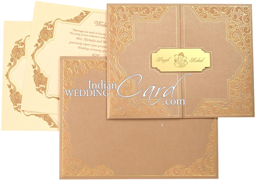 D-10840, Gold Color, Shimmery Finish Paper, Hindu Cards.