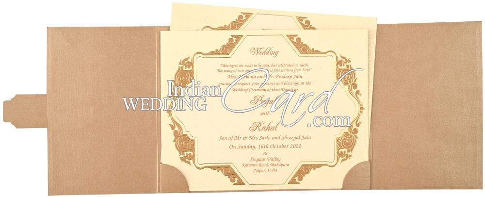 D-10840, Gold Color, Shimmery Finish Paper, Hindu Cards.