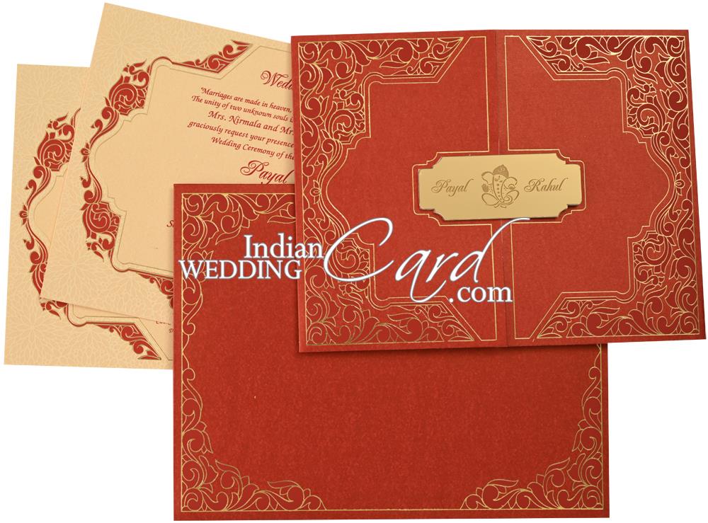D-10841, Red Color, Shimmery Finish Paper, Hindu Cards.
