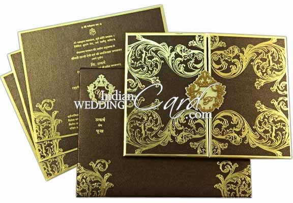 Brown shimmer Door open style hardbound thick multifaith wedding card ...
