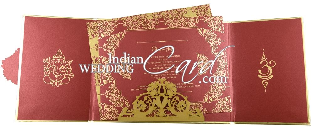 Maroon shimmer Door open style hardbound thick multifaith wedding card ...