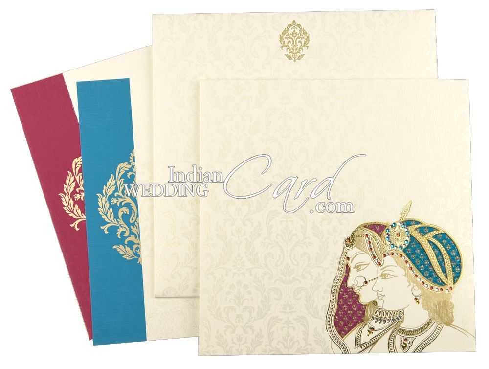 D-6874, White Color, Hindu Cards, Card with Rhinestones.
