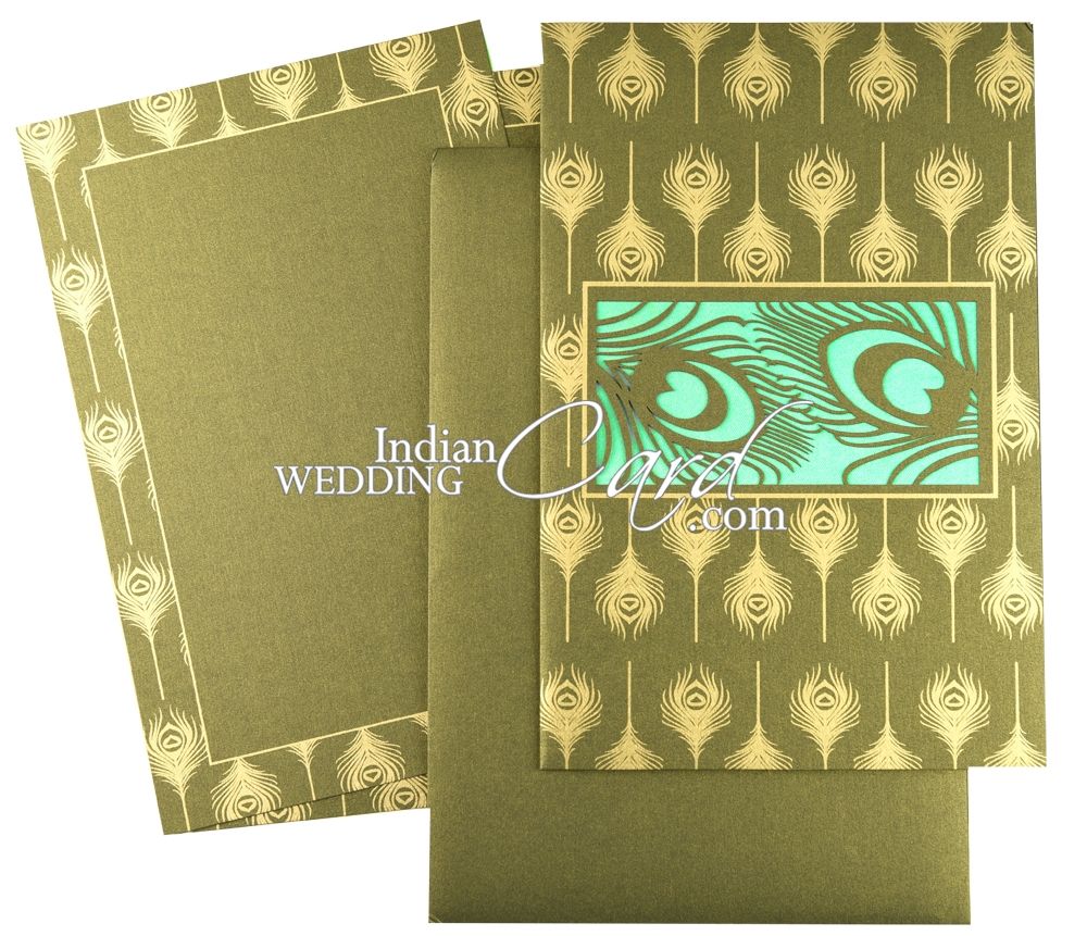 Green colored “Morpankh - Peacock feather” theme laser cut wedding card ...
