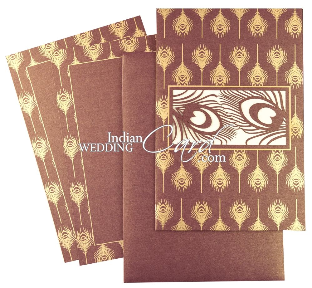 Brown colored “Morpankh - Peacock feather” theme laser cut wedding card ...
