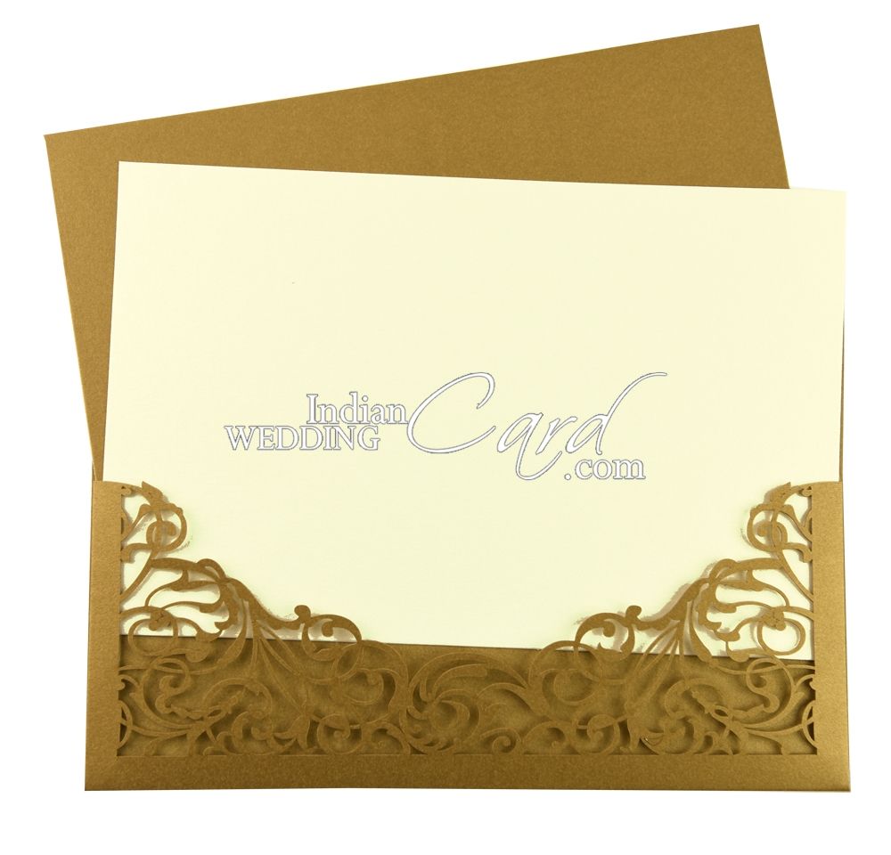Gold shimmer intricate arabesque laser cut pocket wedding card - D-6984