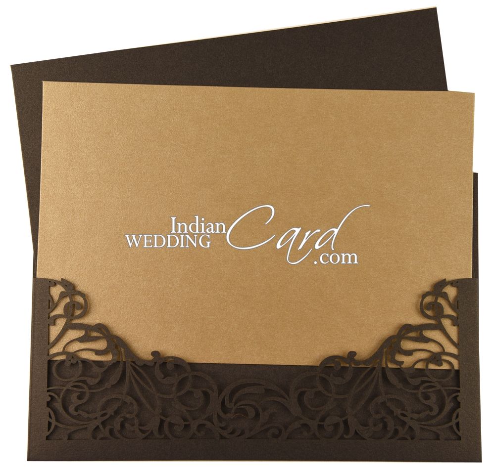Brown shimmer intricate arabesque laser cut pocket wedding card - D-6991