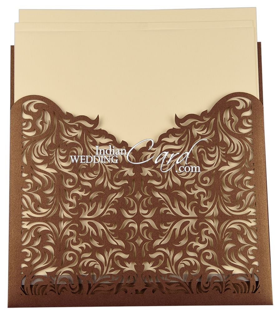 Brown colored laser cut leaf pattern pocket wedding card - D-6994