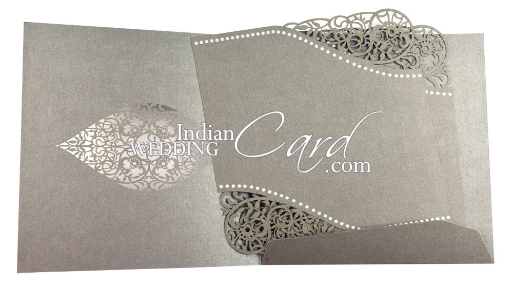 Grey colored Floral laser cut wedding card with laser cut inserts - D-7009