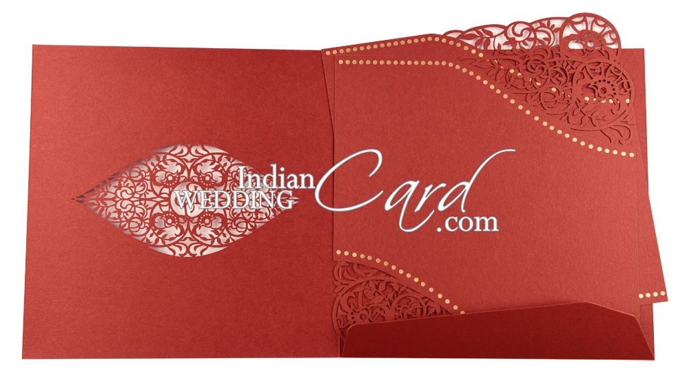 Red colored Floral laser cut wedding card with laser cut inserts - D-7020