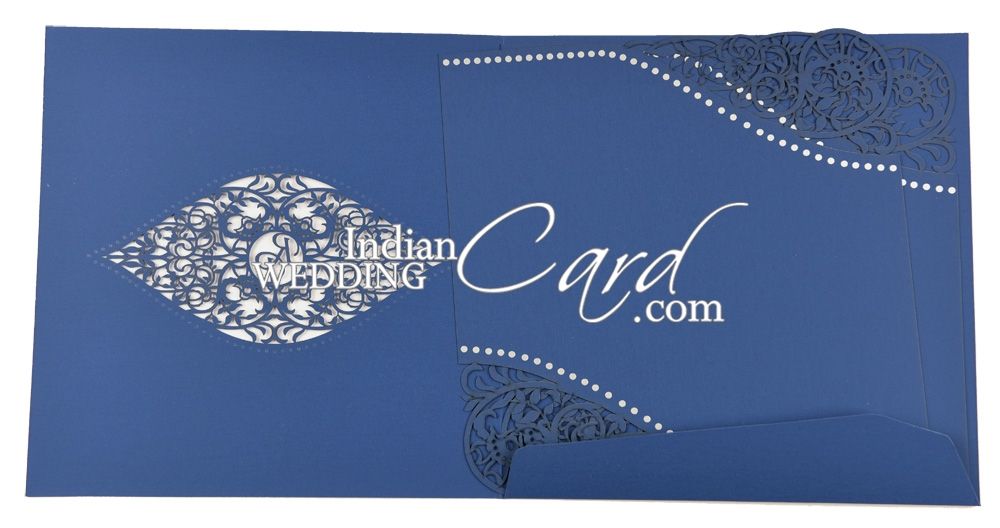 Blue colored Floral laser cut wedding card with laser cut inserts - D-7031