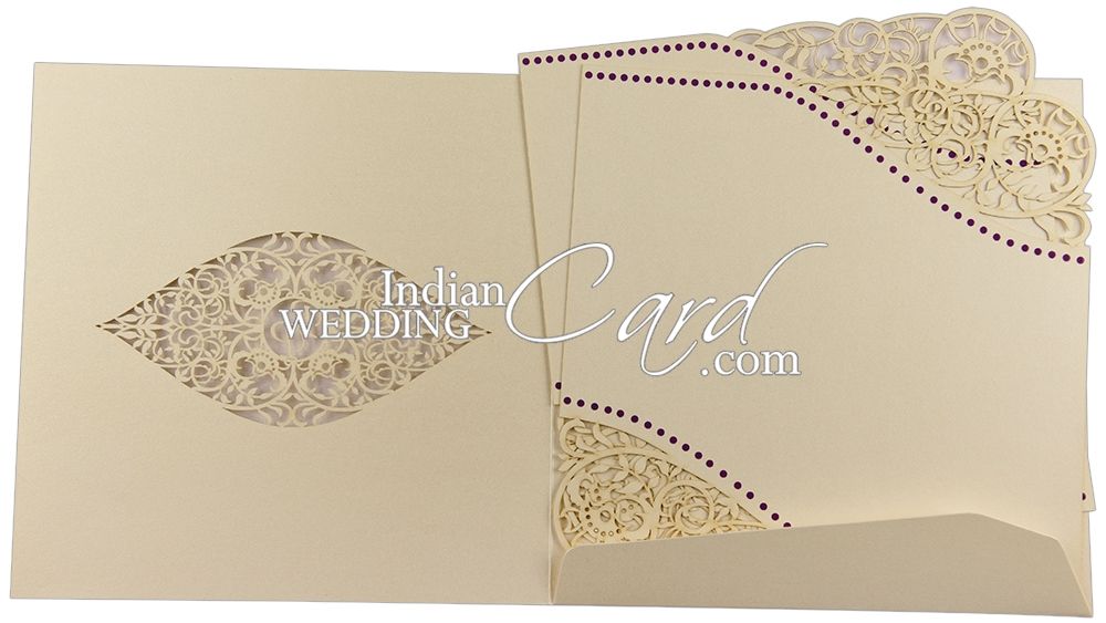 Cream colored Floral laser cut wedding card with laser cut inserts - D-7033