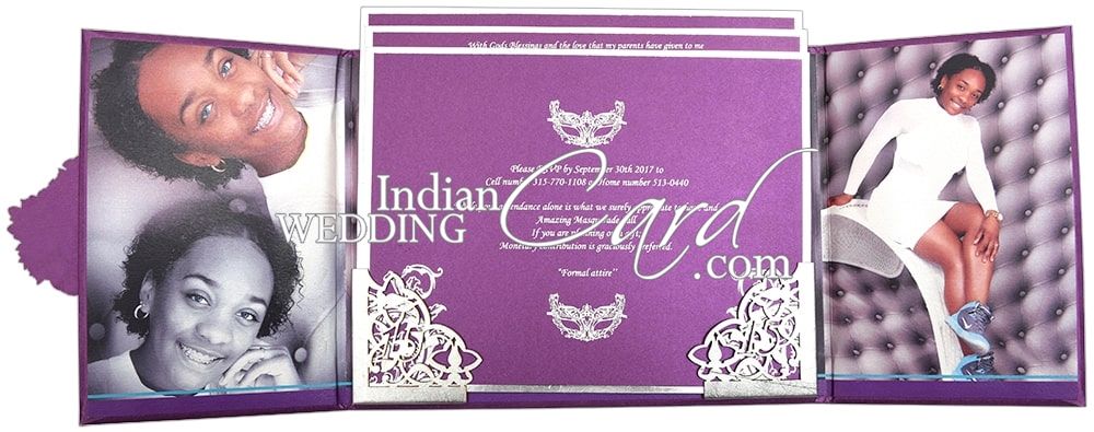 Purple shimmer Door-open style hardbound thick multifaith wedding card ...