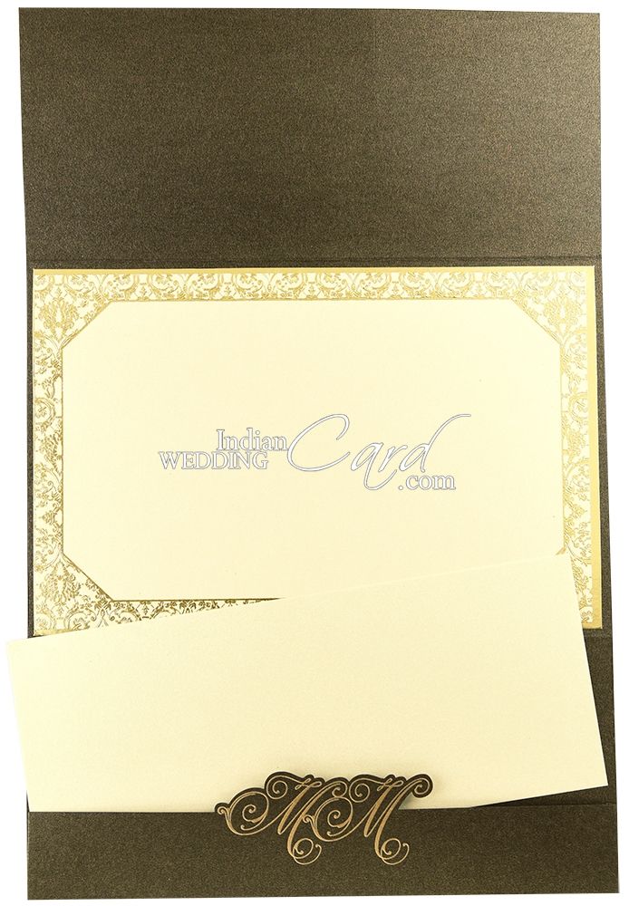 Shimmer brown 3-fold Docket style Sikh wedding card - D-8215