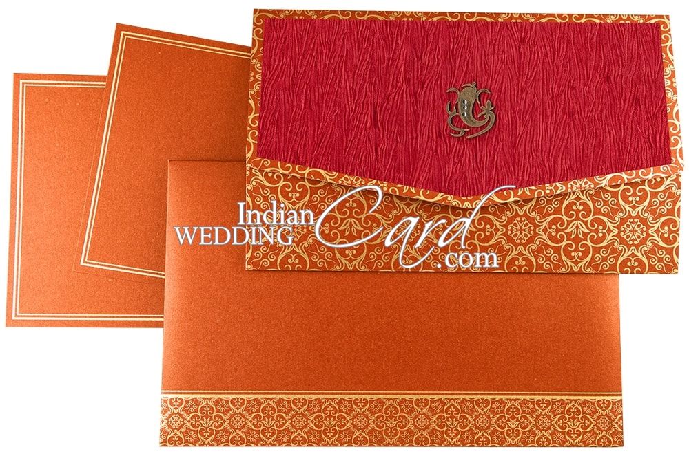 Docket Style orange wedding card with Crush Fabric front - D-8529
