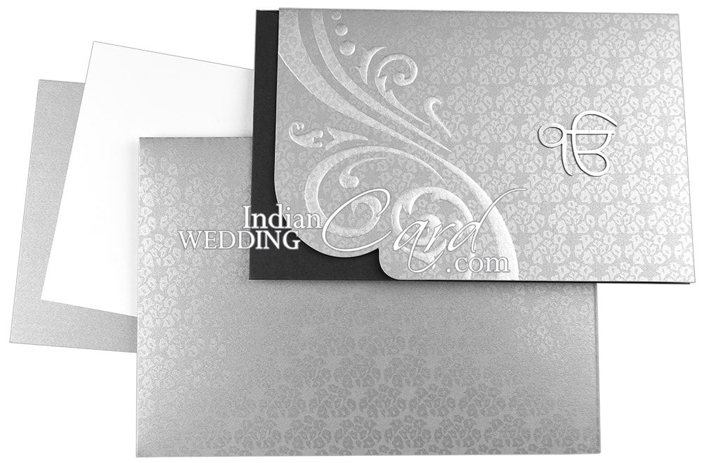 Silver Shimmer paper docket Style Sikh Wedding Card - D-8579