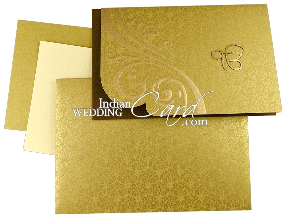 Gold Shimmer paper docket Style Sikh Wedding Card - D-8583