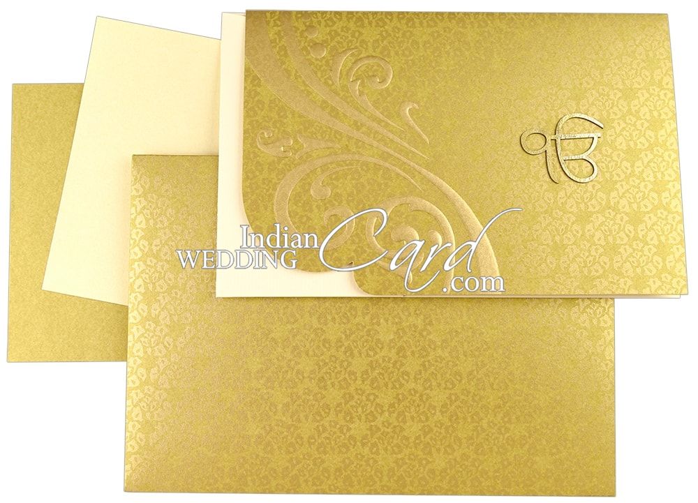 Gold Shimmer paper docket Style Sikh Wedding Card - D-8584