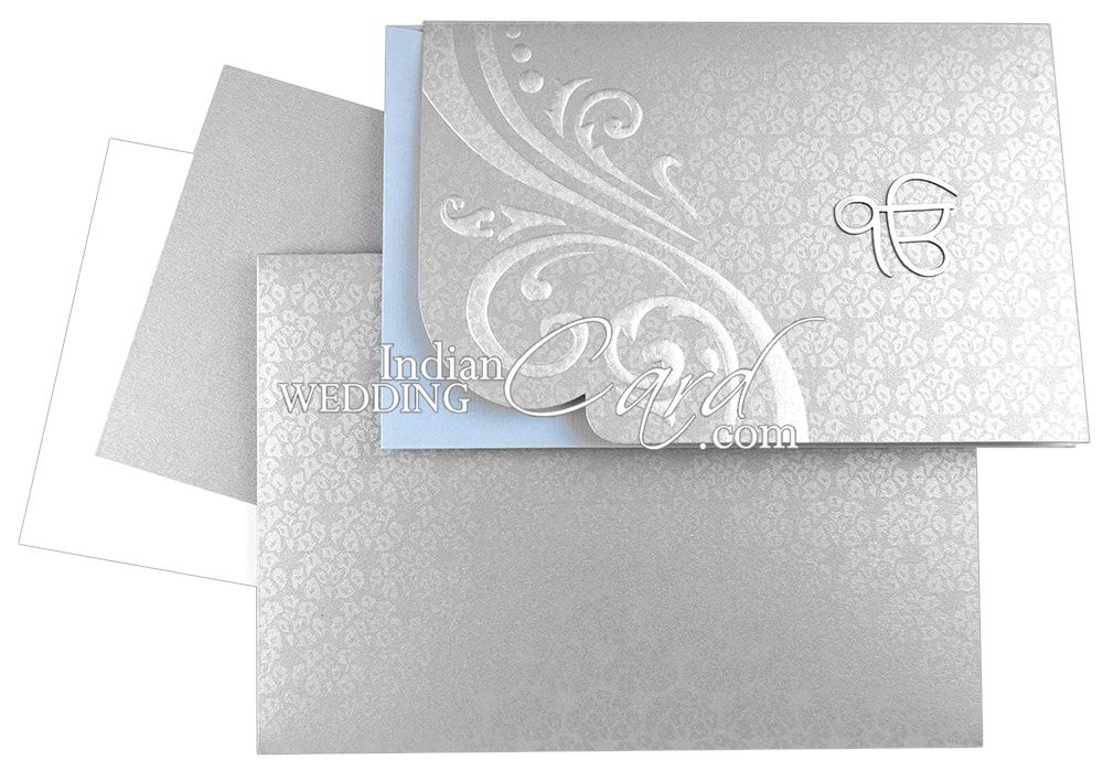 Silver Shimmer paper docket Style Sikh Wedding Card - D-8585