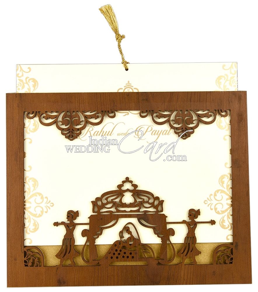 Wooden Textured Photo Frame style Doli theme wedding card with Gift in ...