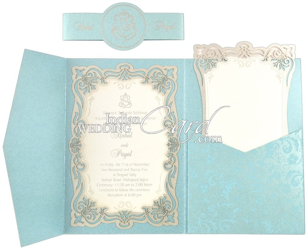 3-fold Pocket Style wedding card with band and laser cut inserts - D-8661