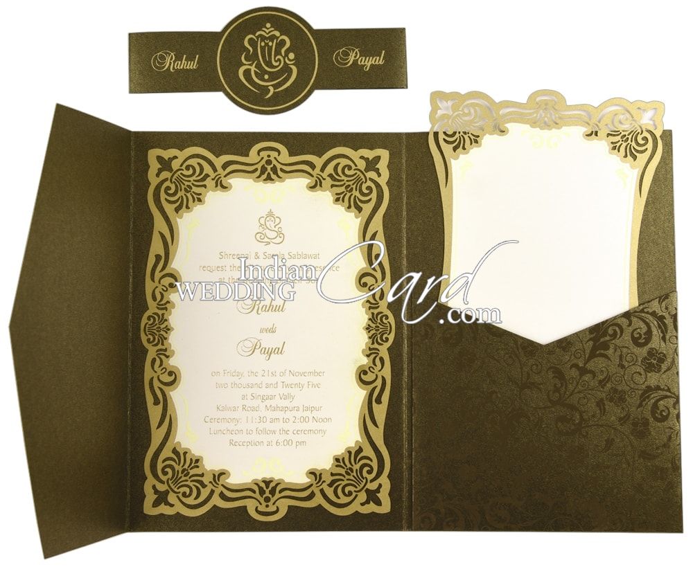 3-fold Pocket Style wedding card with band and laser cut inserts - D-8669