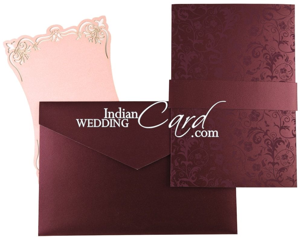 3-fold Pocket Style wedding card with band and laser cut inserts - D-8670