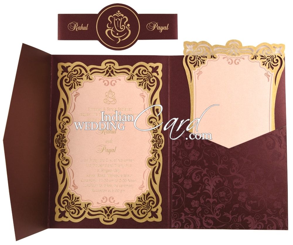 3-fold Pocket Style wedding card with band and laser cut inserts - D-8670