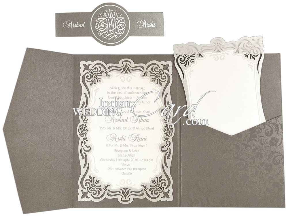 Pocket fold Style wedding card with band and laser cut inserts - D-8681