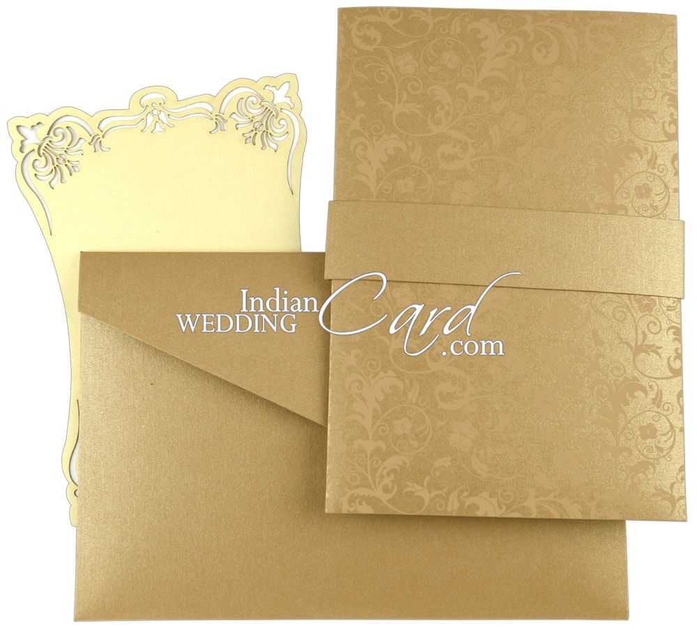 Pocket fold Style wedding card with band and laser cut inserts - D-8693