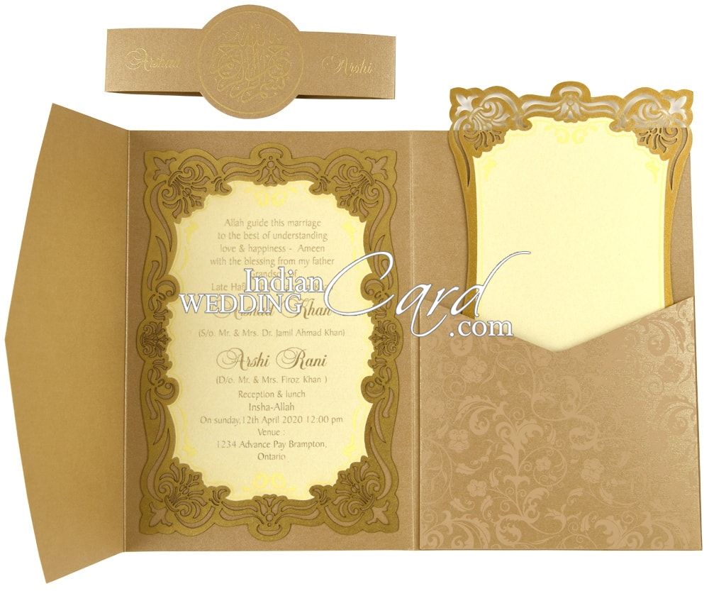 Pocket fold Style wedding card with band and laser cut inserts - D-8693