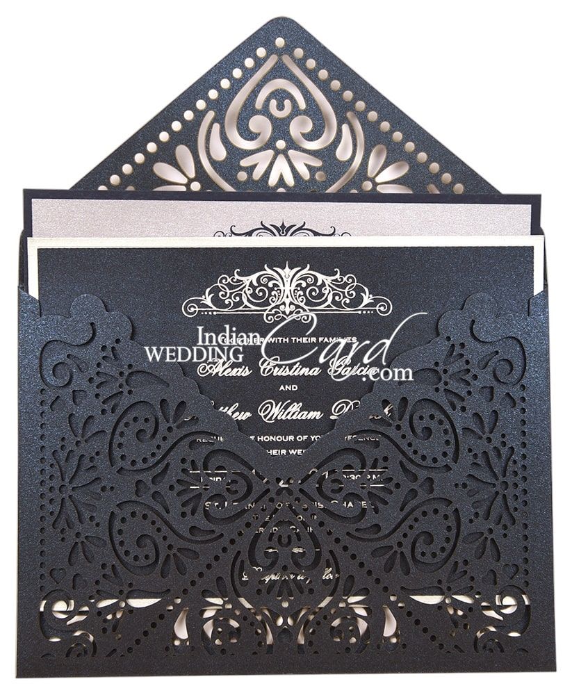 Laser Cut Envelope Wedding Invitation on blue shimmer paper - D-8825