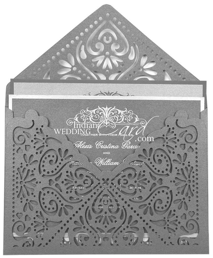 Laser Cut Envelope Wedding Invitation on Grey shimmer paper - D-8826