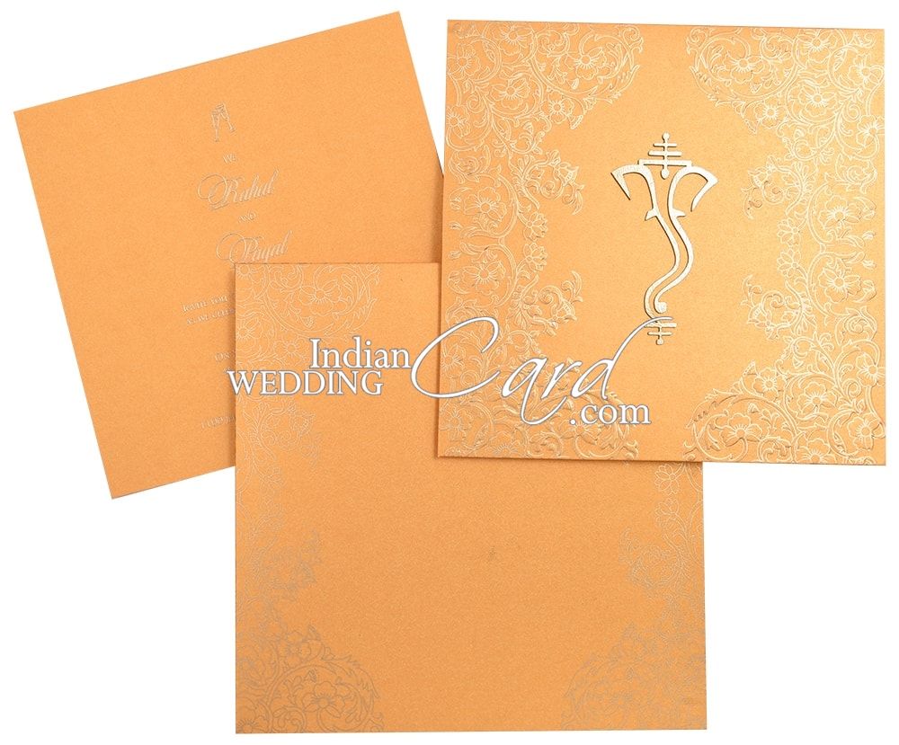 Yellow color self-embossed floral theme Hindu wedding card - D-9038